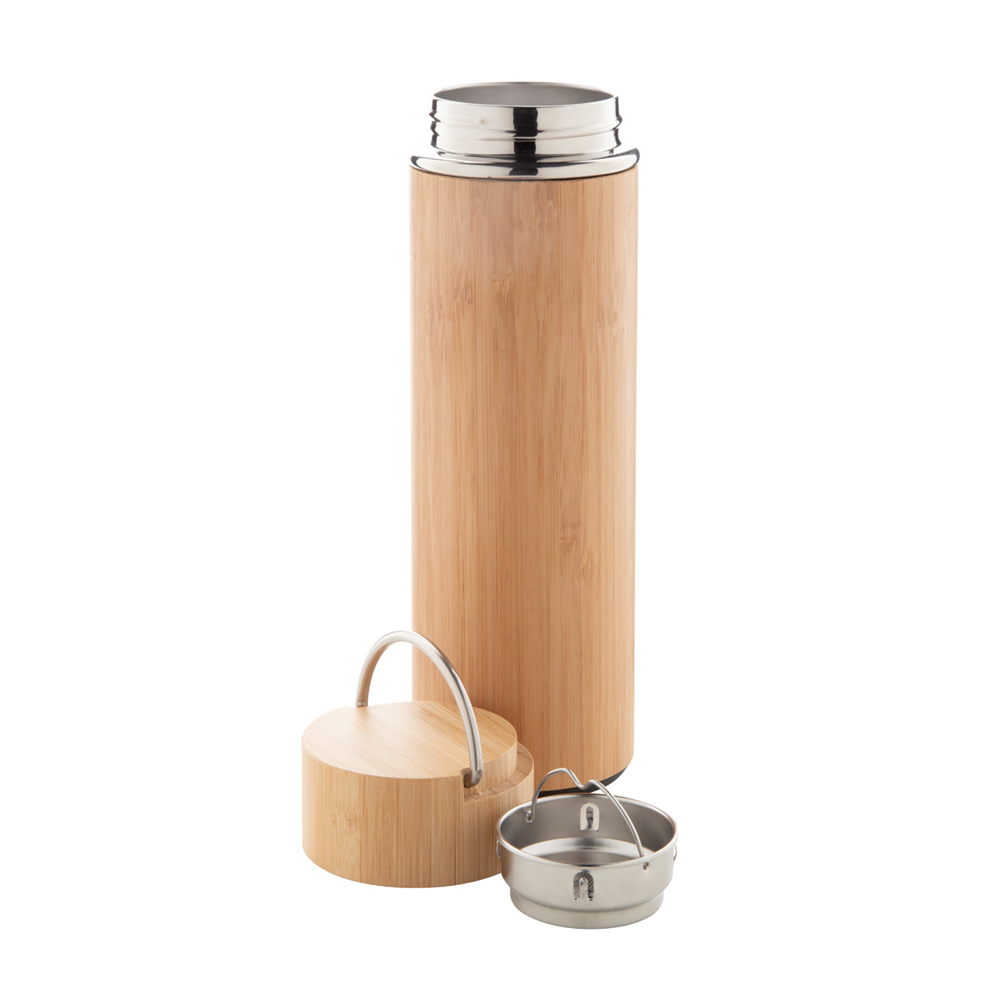 Termosz 450ml duplafalú rozsdamentes acél és bambusz, szigetelt termosz ...